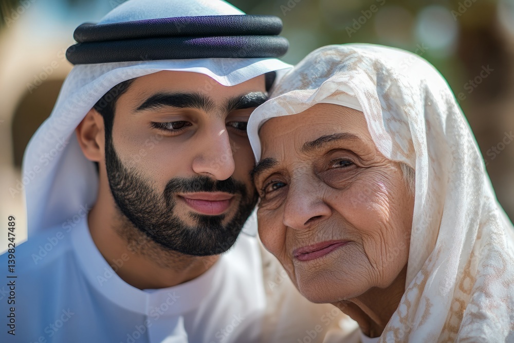 Arab son and his elderly mother share a tender moment, highlighting the importance of family ...