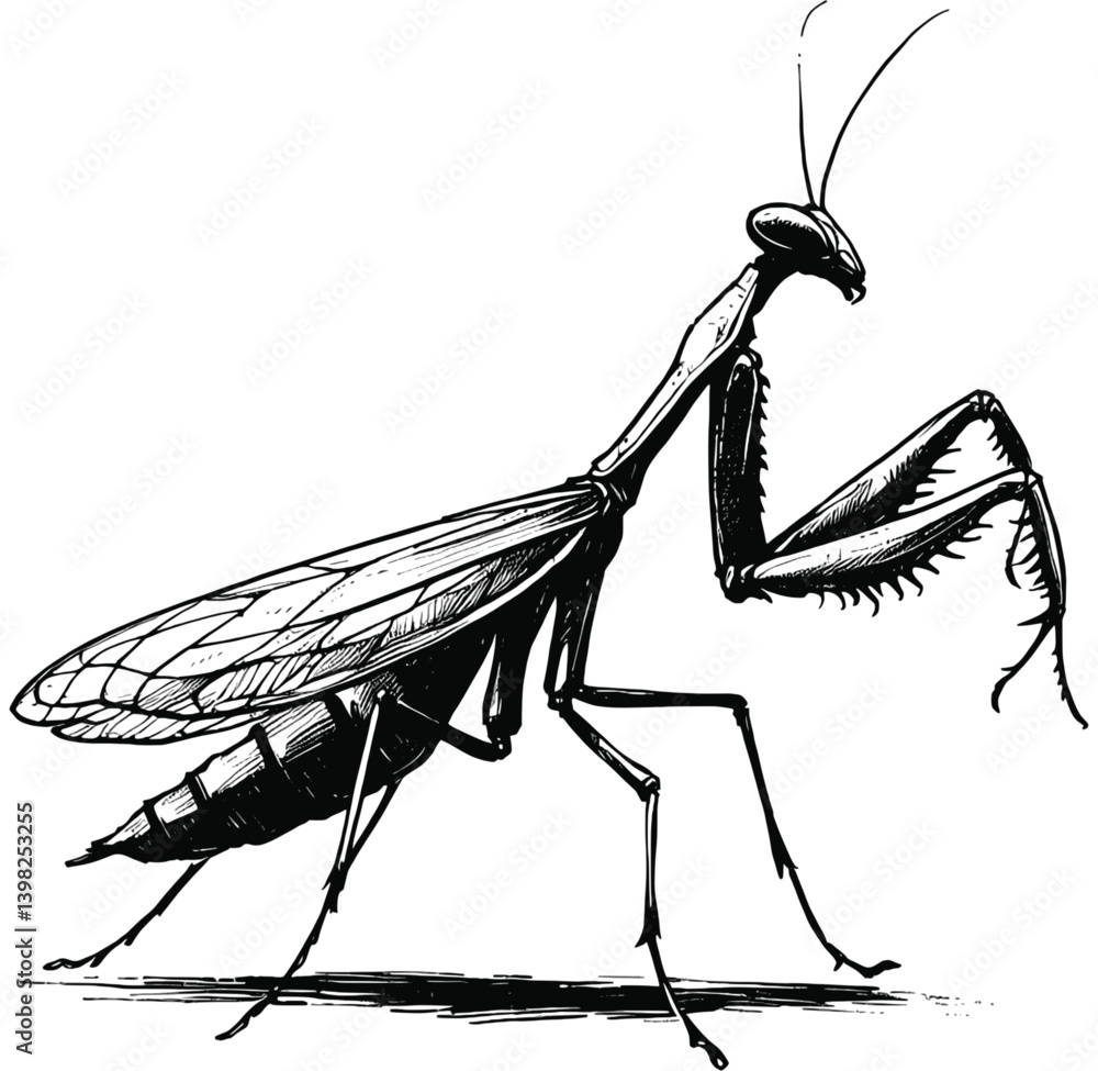 Praying Mantis line art drawing ink sketch vector hand drawn ...