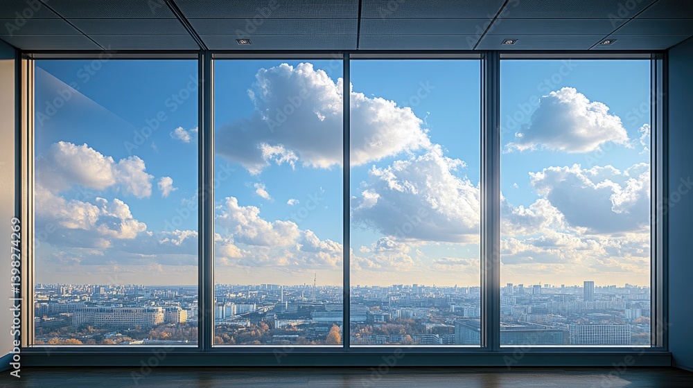 A large window frames a city view of a beautiful daytime sky Stock ...