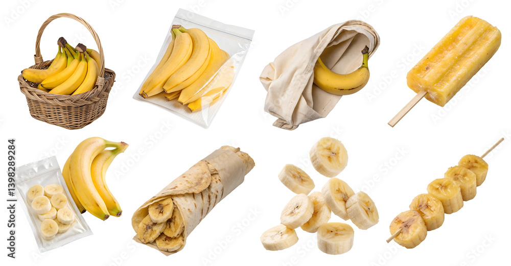 set collection of banana bananas fruit, many angles view basket, skin ...