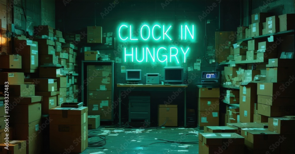 Dark warehouse interior. Boxes stacked high. Bright neon sign reads ...