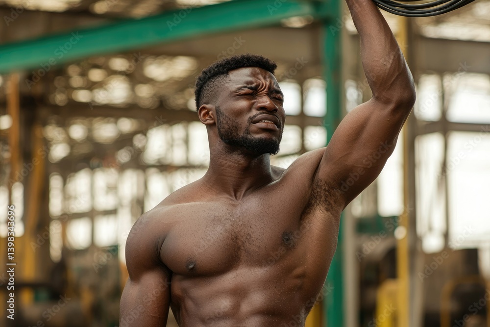 Strength and Determination: A muscular man lifts a heavy weight ...