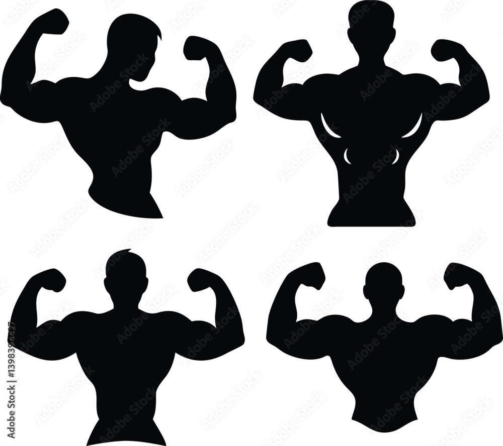 Silhouettes of muscular bodybuilders, flexing biceps, strong physiques ...