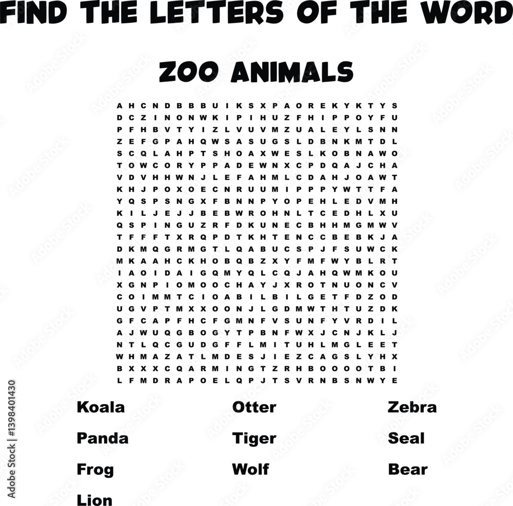 Zoo Animals Word Search Puzzle Activity For Kids Educational Game ...