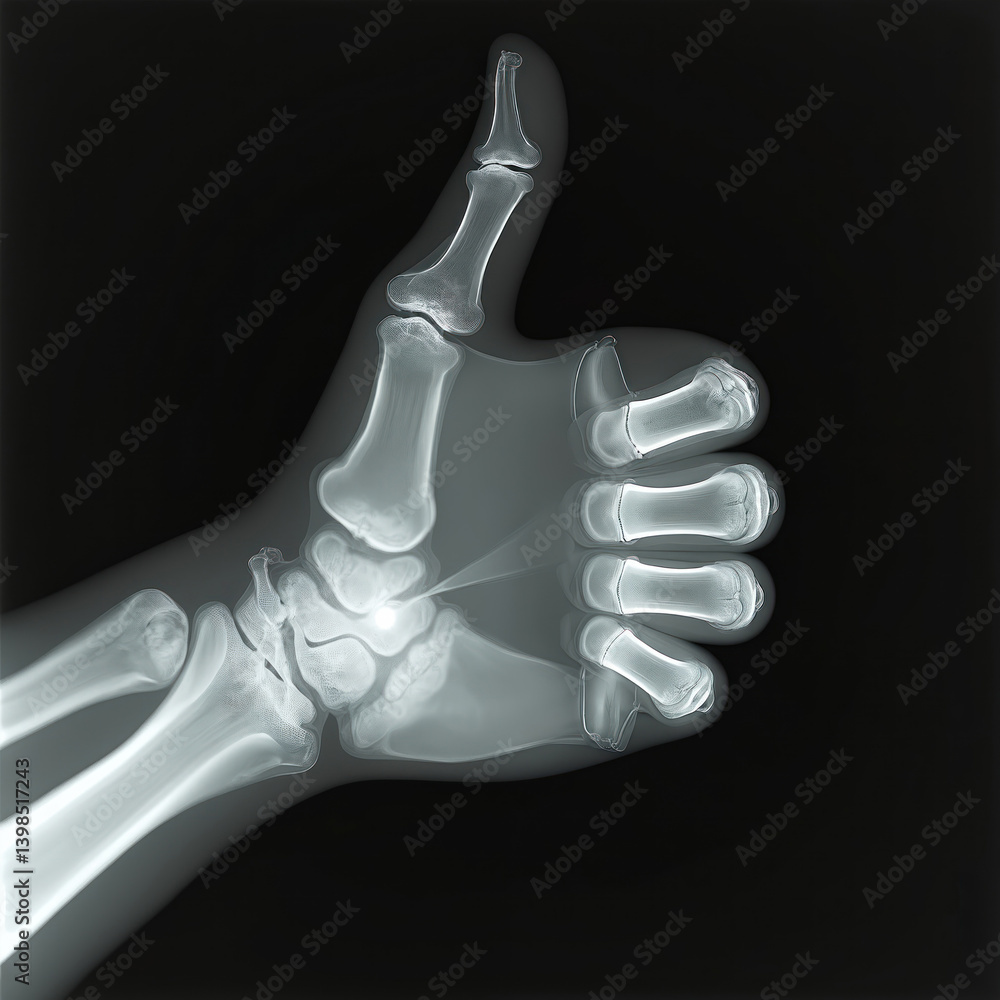Ilustracja bez tantiem: X-ray image shows human hand forming thumbs up ...