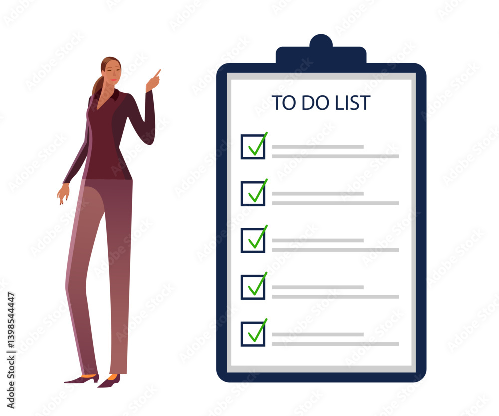 Complete to do list concept The girl points to the to-do list with her ...