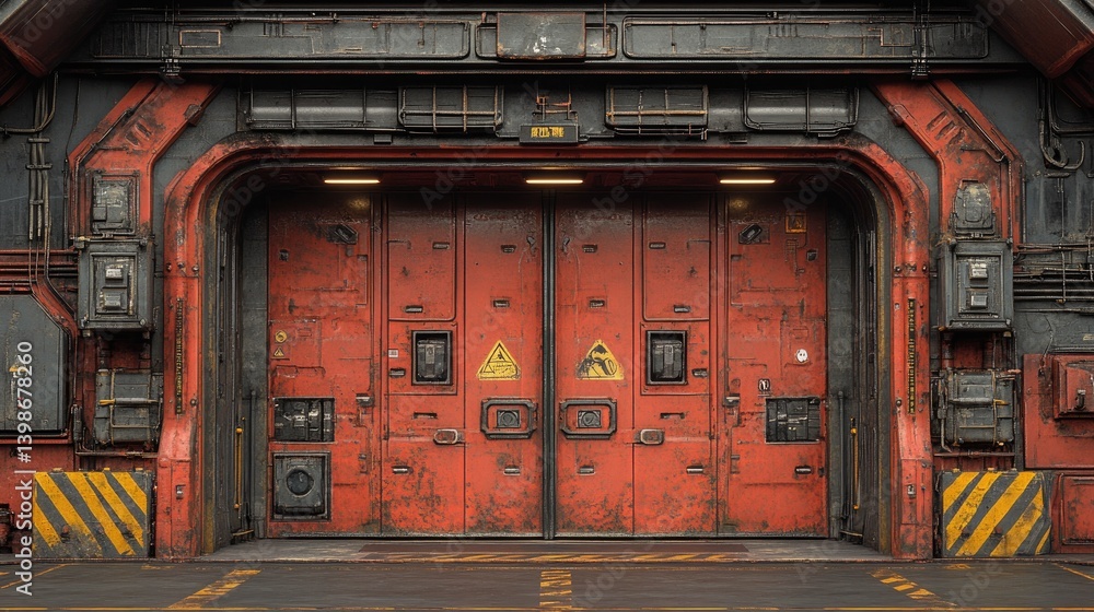 Massive metal doors in red and gray with intricate details & hazard ...