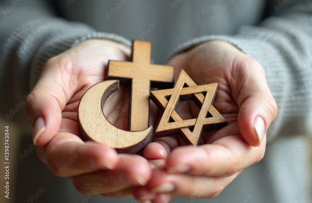 Photo Stock Hands holding Christian cross, Jewish Star of David, Islamic crescent symbols ...