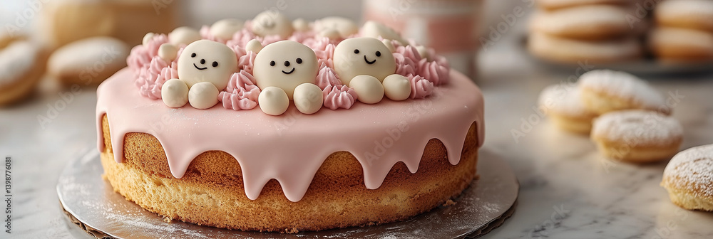 Cute smiling cake with pink frosting and happy character toppers on a ...