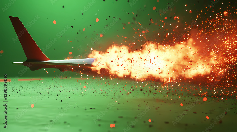 Aircraft tail section detaching midflight, flames and sparks flying ...