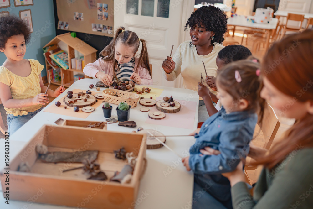 Diverse group of preschool children engage in a nature-based learning ...