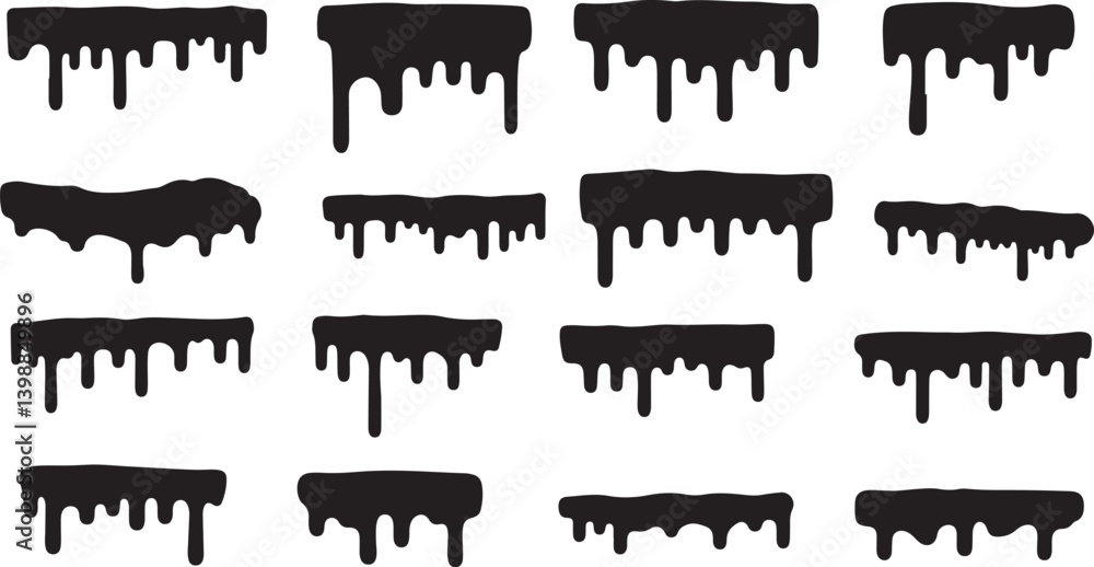 Dripping symbols set. Liquid ink, paint drip and drop. Oil, blood ...
