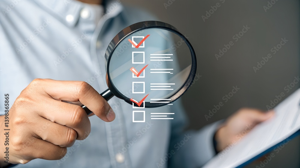 Foto de Stock Document review and quality control process. A hand ...