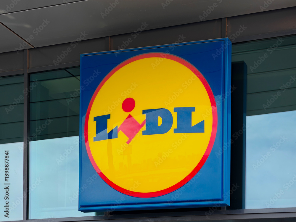 Finestrat, Spain, April 10, 2025: Lidl supermarket logo sign on modern ...