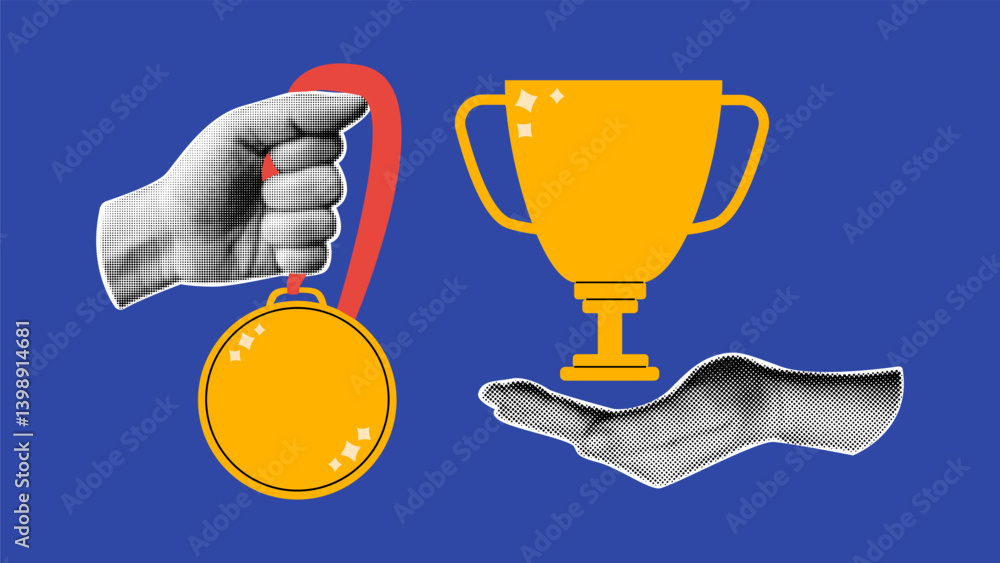 Retro collage with hands and awards. Halftone hand holds medal and ...