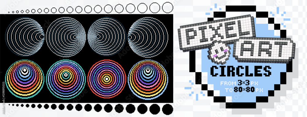 Vector de Stock Pixel art circles set. Pixelated ring outline and retro 8-bit filled circle ...