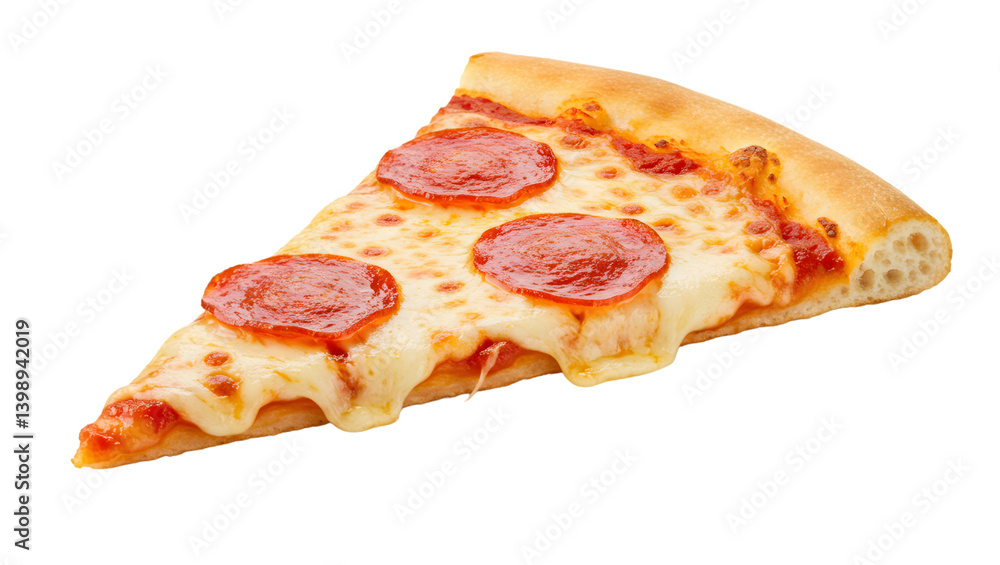 Single slice of pepperoni pizza presenting melted mozzarella cheese and ...