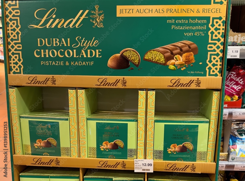 Lindt dubai style chocolate displaying boxes and chocolate bars with ...
