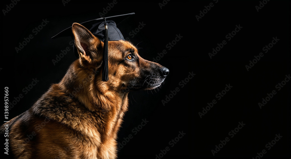 German shepherd wearing mortar board graduation cap posing against ...