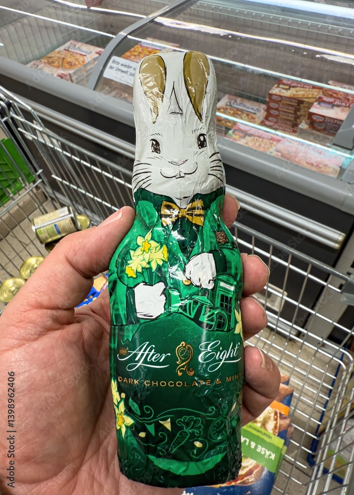 Customer holding after eight chocolate easter bunny in supermarket ...
