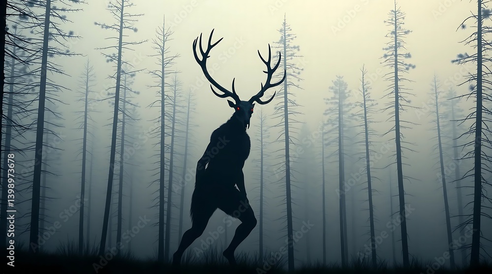 Wendigo creature with glowing red eyes standing in a foggy forest, dark ...
