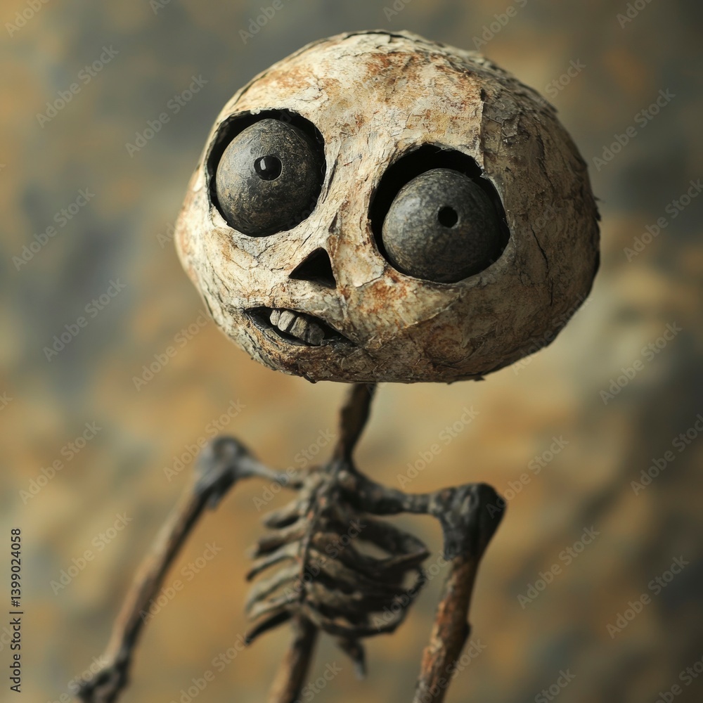 An unsettling skeletal figure with wide eyes and a fragile, aged face ...
