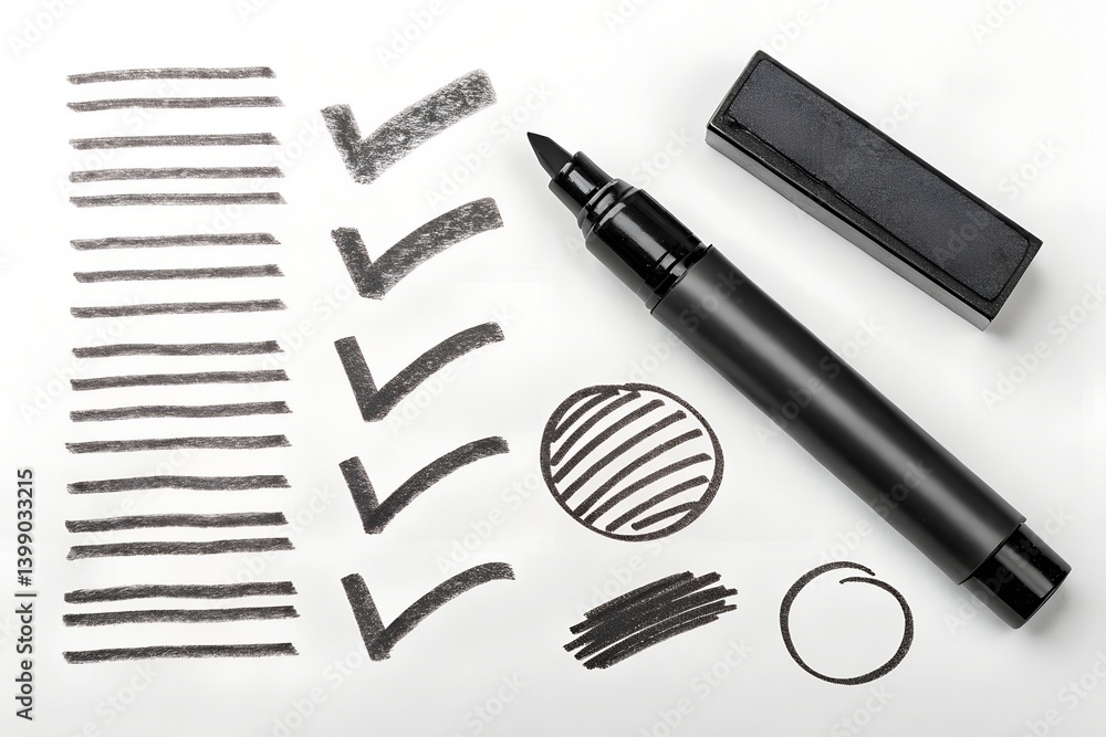 Foto de Stock Checklist and Marker: A sleek black marker rests beside a ...
