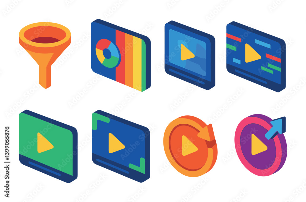 Isometric flat vector set of icons of social media camera use: live ...