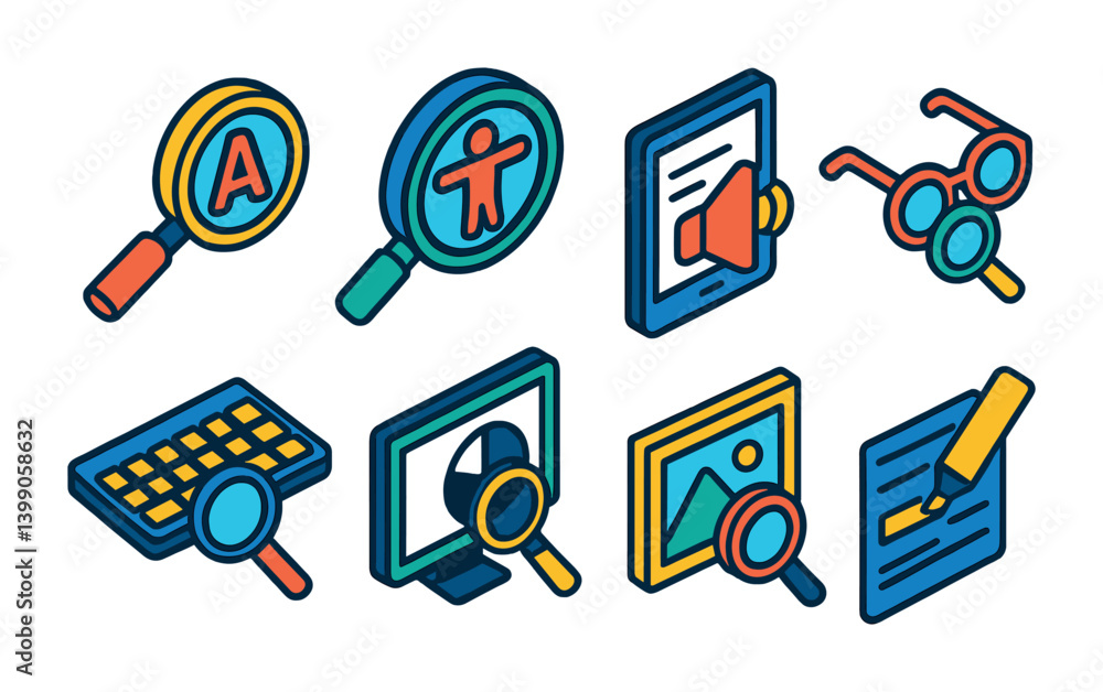 Isometric flat vector set of icons of zoom for accessibility: font ...