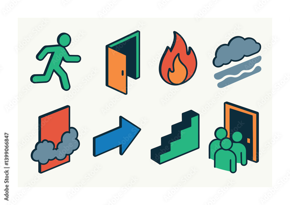 Isometric flat vector set of icons of building fire emergency: burning ...