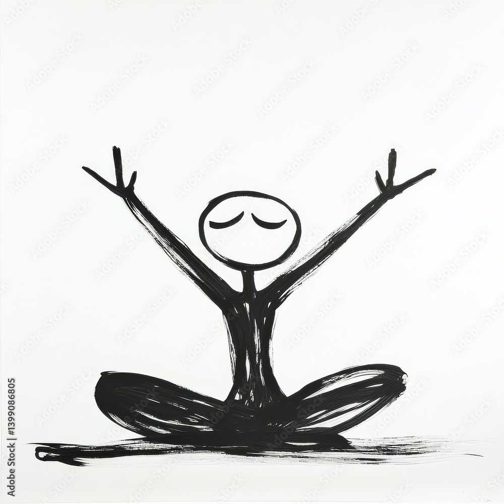 Minimalist art shows a black ink stick figure meditating in lotus ...