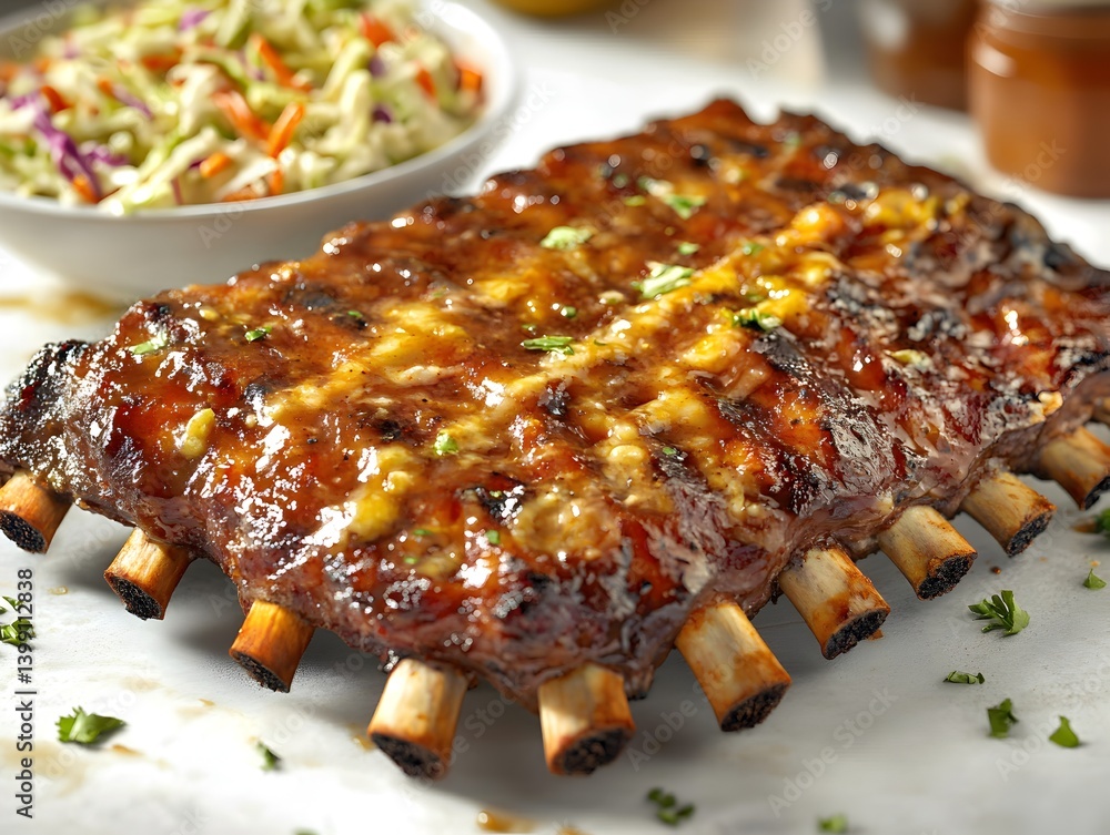 Delicious glazed BBQ pork ribs with coleslaw garnish ready to serve for ...