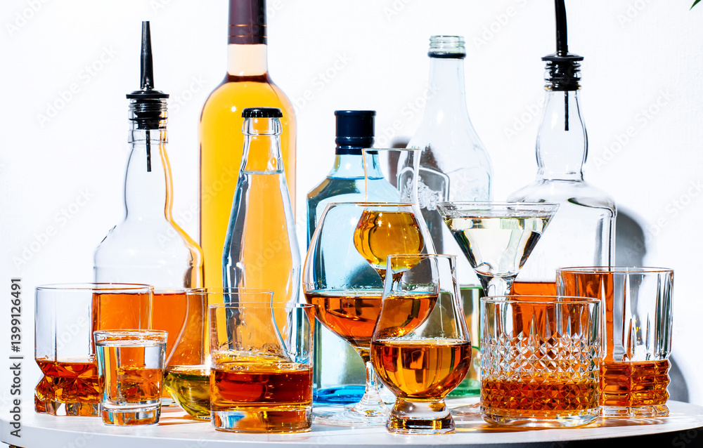 Strong hard alcoholic drinks, spirits, liqueurs, distillates, whiskey ...