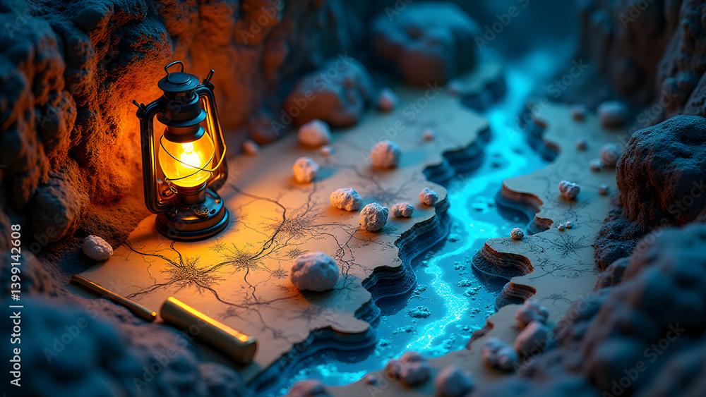 Cutaway cave map with bioluminescent details and vintage surveying ...
