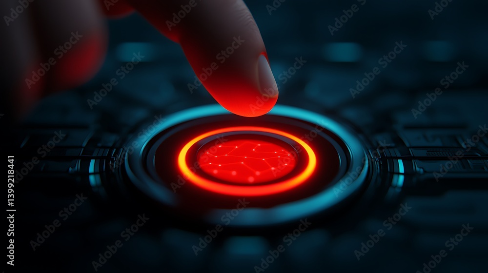 Finger Activating Glowing Red Button, Technology Interface, Artificial ...