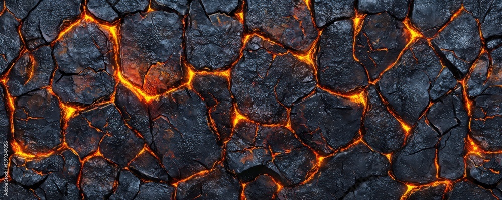 A close-up view of cracked volcanic rock, featuring glowing orange lava ...