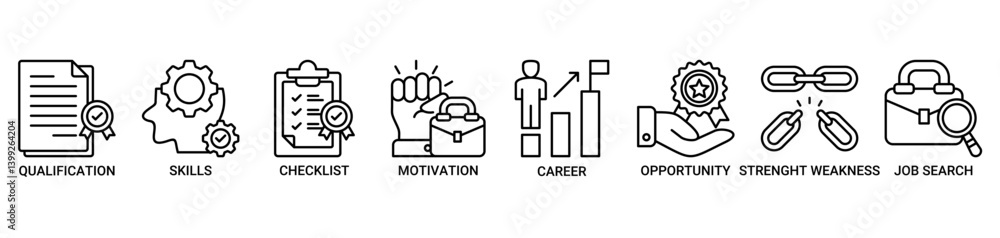 Career planning icon set. Containing icon of qualification, skills ...