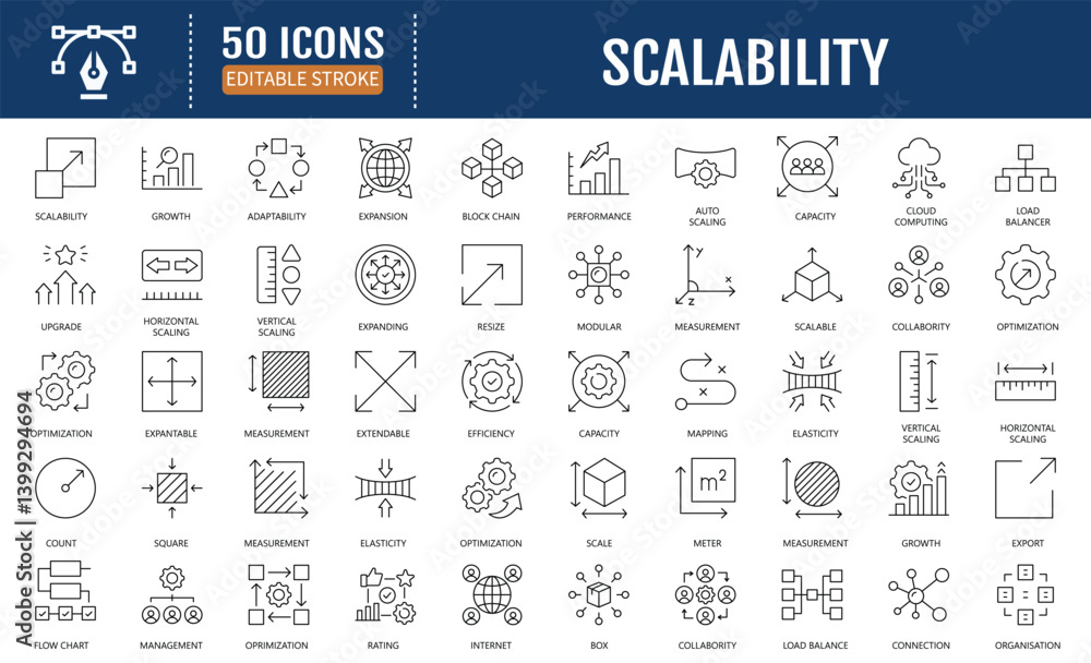Scalability line editable icon set. Containing scalable resize, growth, performance, expansion ...