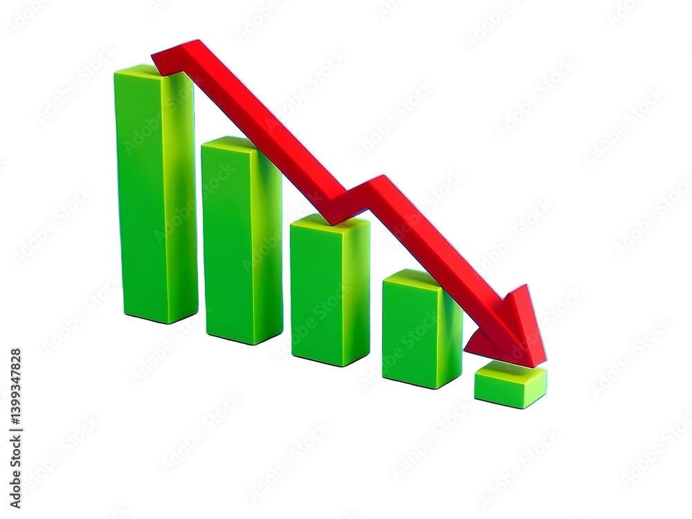 Declining bar graph with red arrow indicating decrease in data over ...