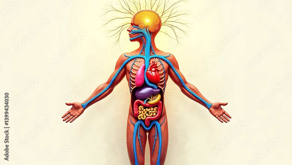 Cross-sectional diagram showing the vagus nerve connecting major organs ...