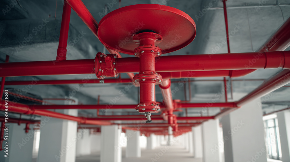 Red fire sprinkler system on the ceiling of a building with white ...