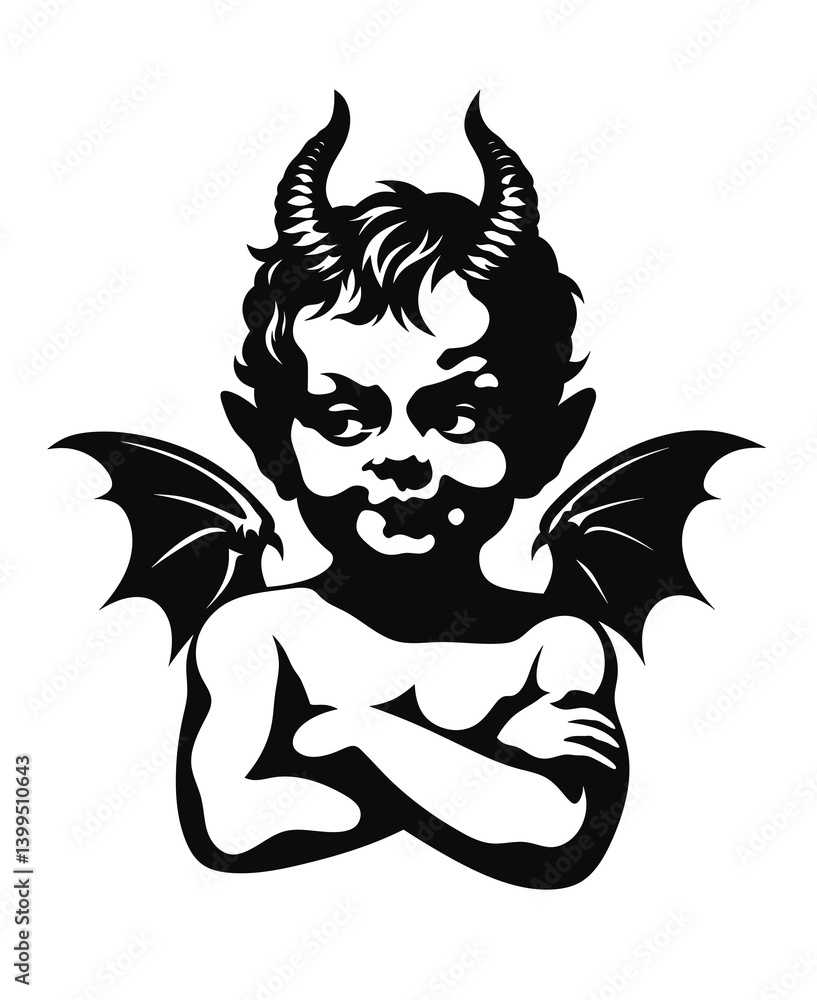 Black and white illustration of a little devil boy with wings and horns ...