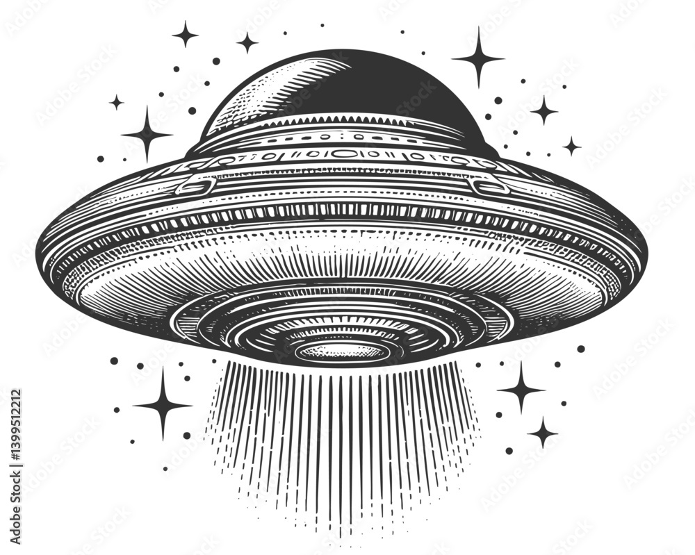 UFO flying saucer emitting a powerful beam of light, blending retro sci ...