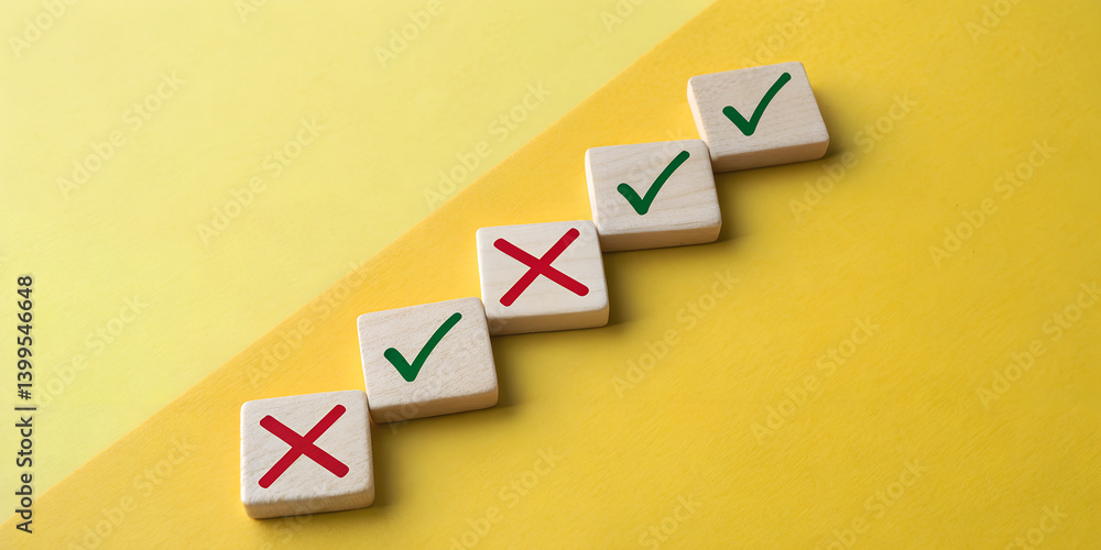 Check mark and cross mark on wooden blocks concept for decision making ...