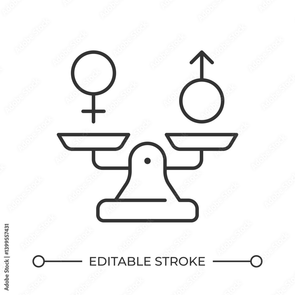 Gender equality line icon. Male and female symbols on balance scale. Inclusion and equal ...