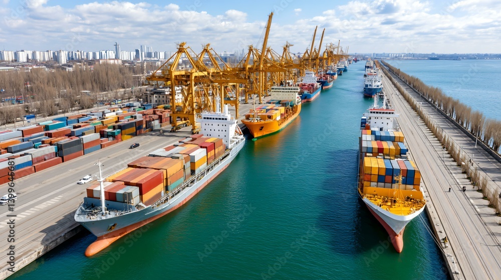 Detailed port logistics scene with clear blue sky, multiple cargo ships ...