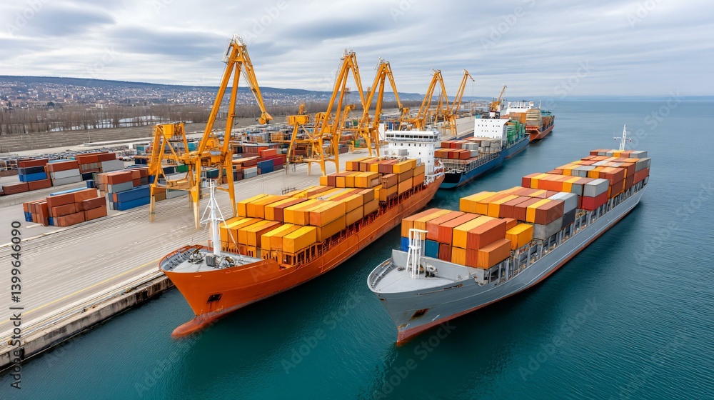 Realistic aerial view of cargo ships docking at a large international container port with ...