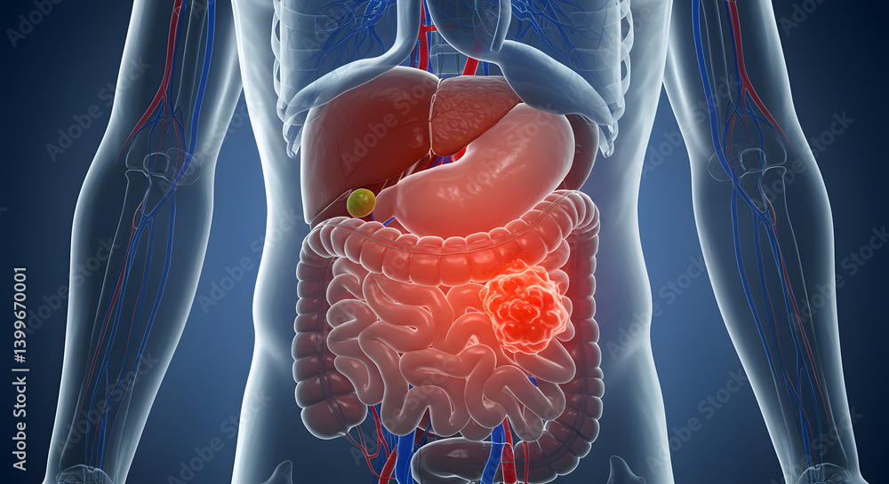 Intestinal Cancer Tumor: 3D Medical Illustration of Digestive System ...