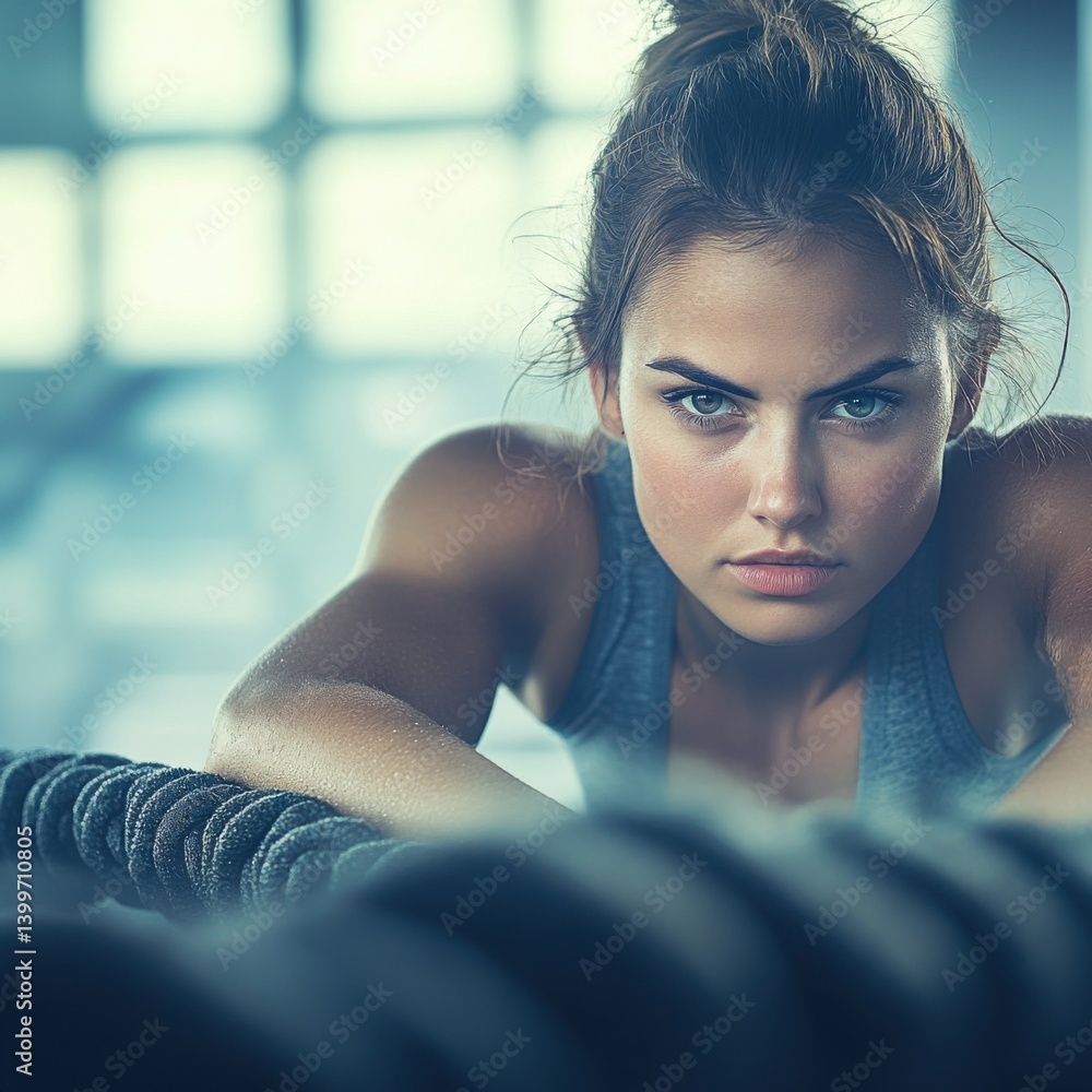 Fit young woman in her 20s resting between heavy battle ropes exercises ...