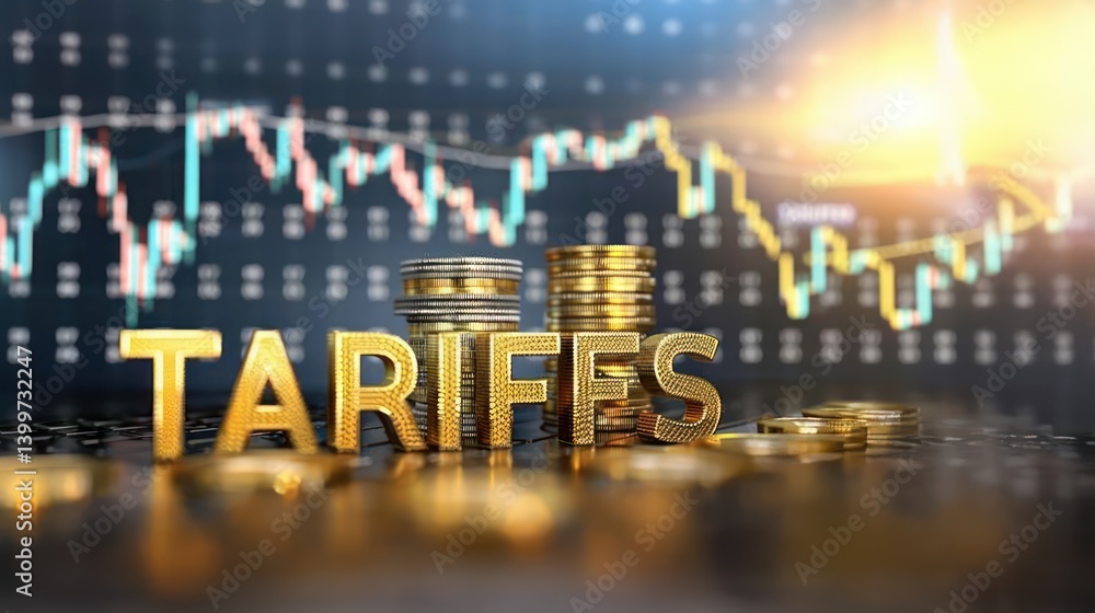 Gold TARIFFS text with stock charts and coins in background shows ...